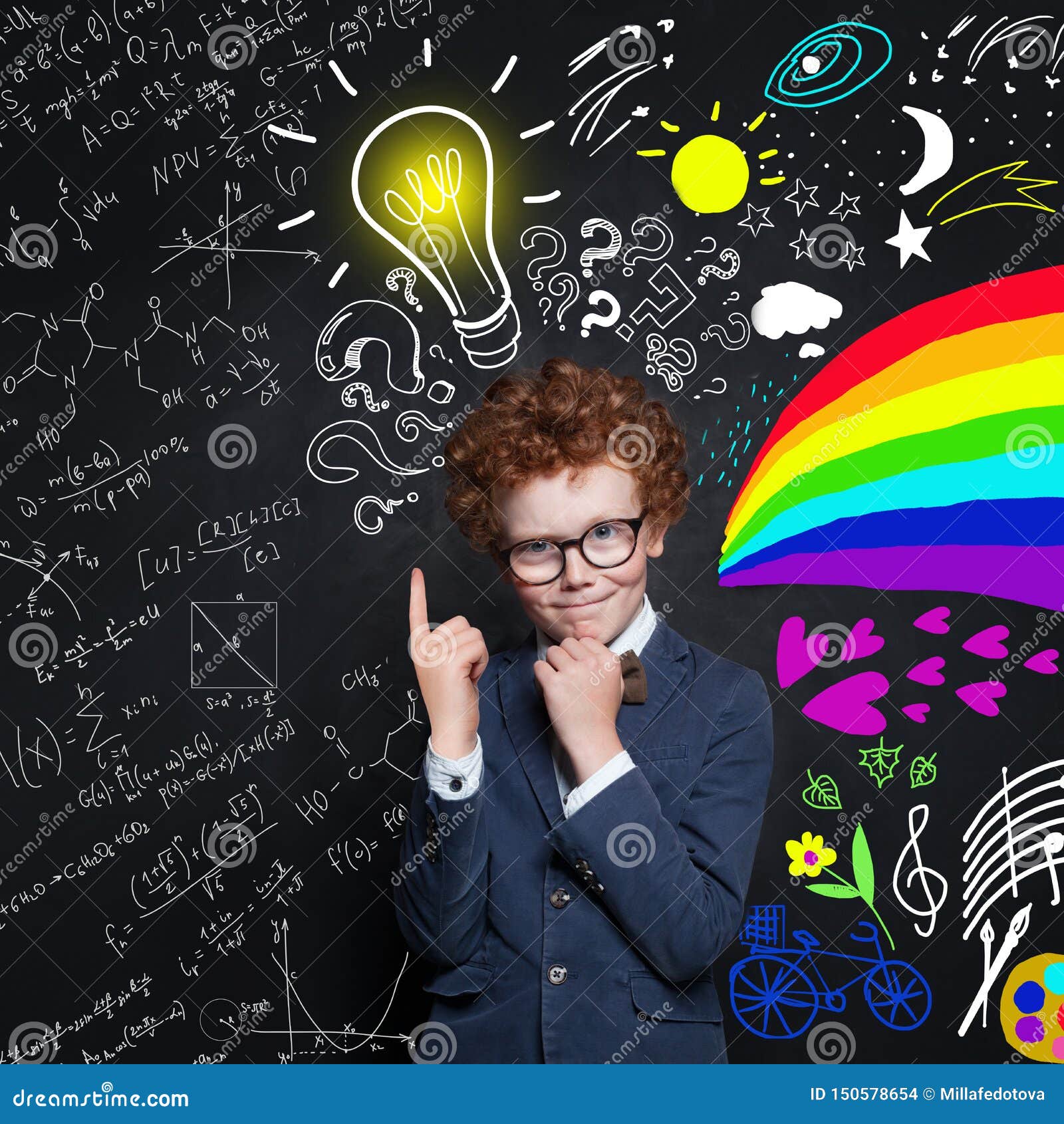 Cute Child Boy Thinking and Pointing Up on Lightbulb. Brainstorming and ...