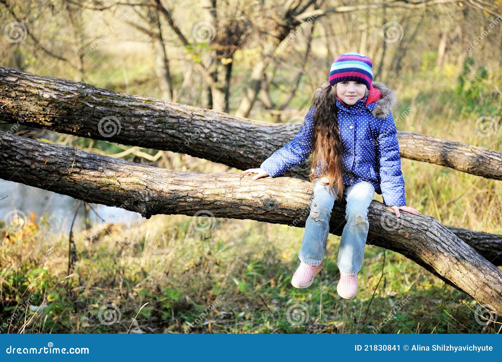 Cute Child Girl Sitting on a Tree Branch Stock Image - Image of branch ...