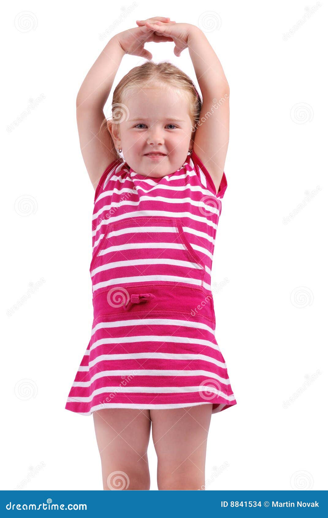 Cute Child with Hands Up on White Stock Photo - Image of background ...