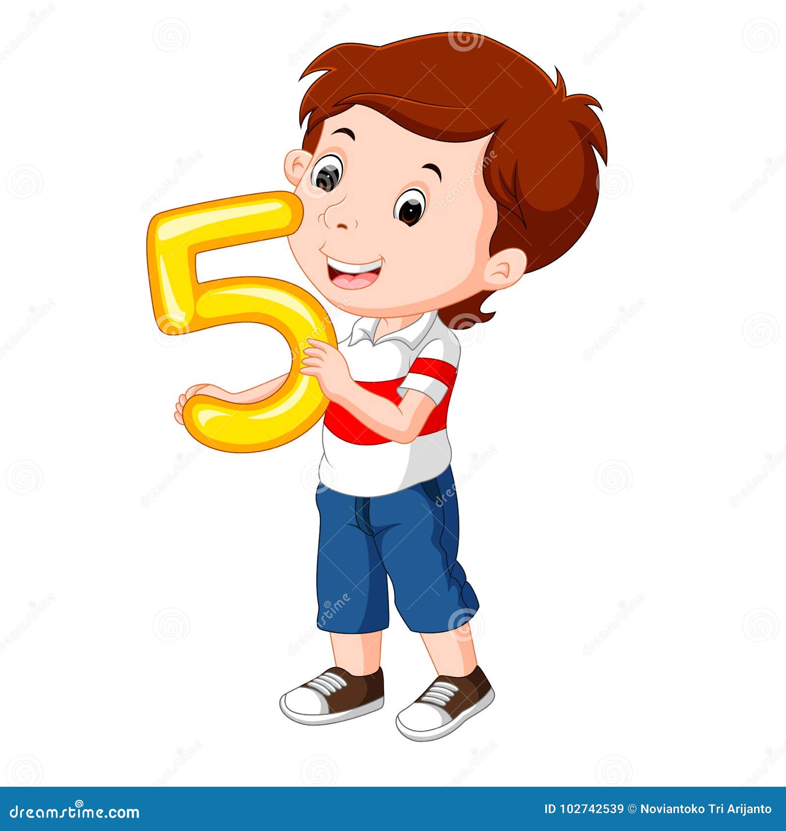 Cute Child Holding Balloon With Number Five Cartoon Vector ...