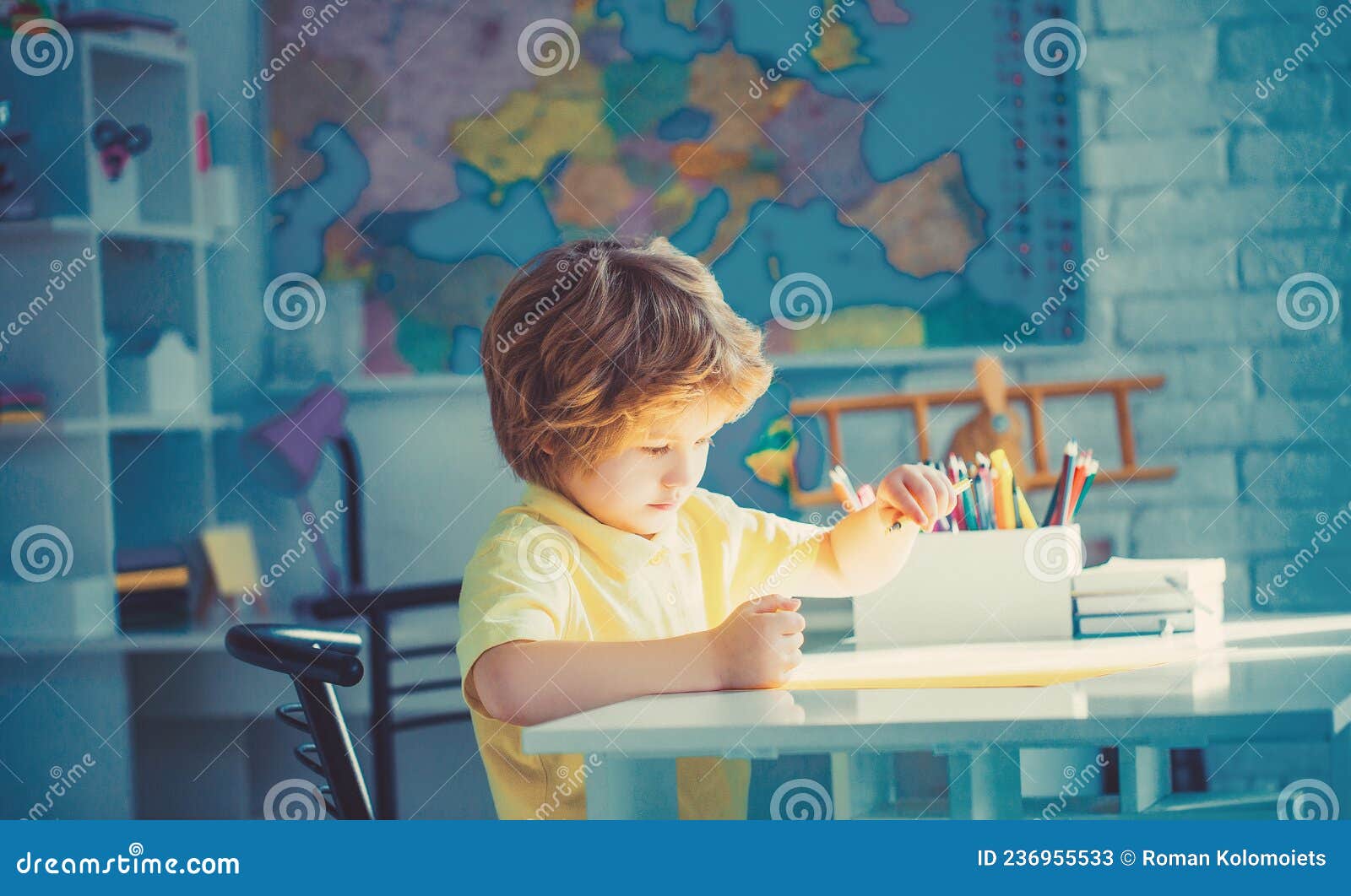 Cute Child Little Boy Drawing Picture on Table. Stock Image - Image of ...