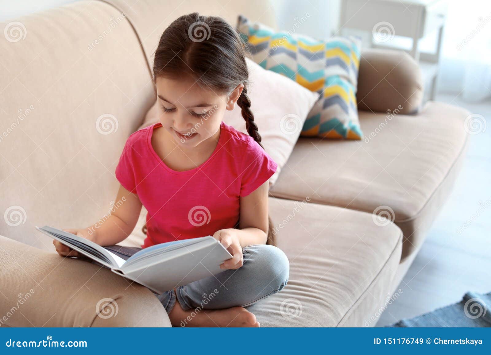 Cute Child Reading Book on Sofa Stock Image - Image of home, copy ...