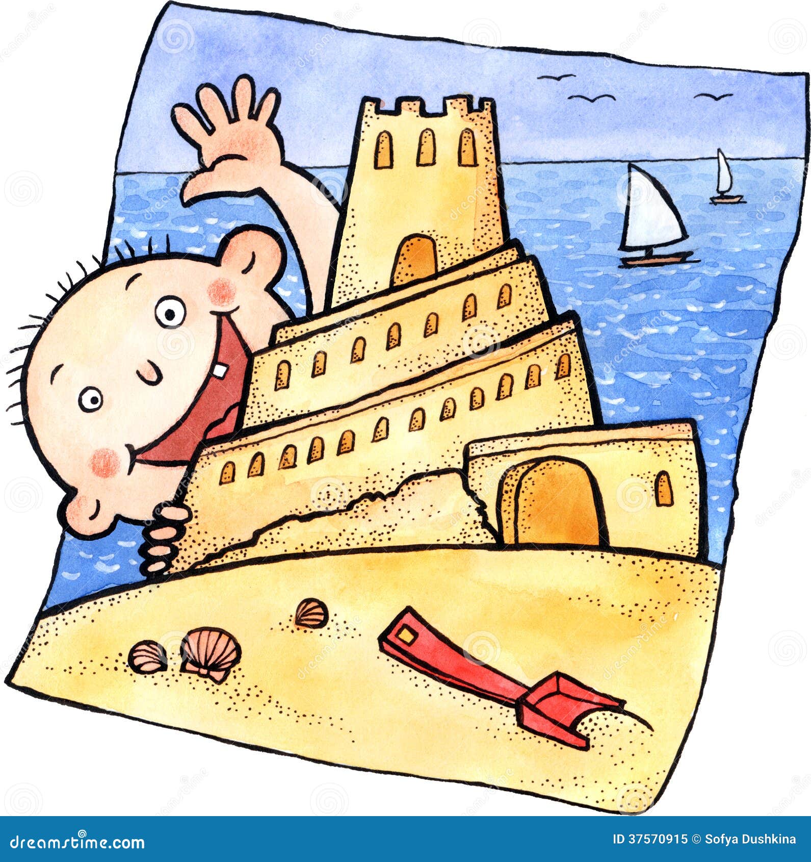 Cute child and sand castle stock illustration. Illustration of building ...