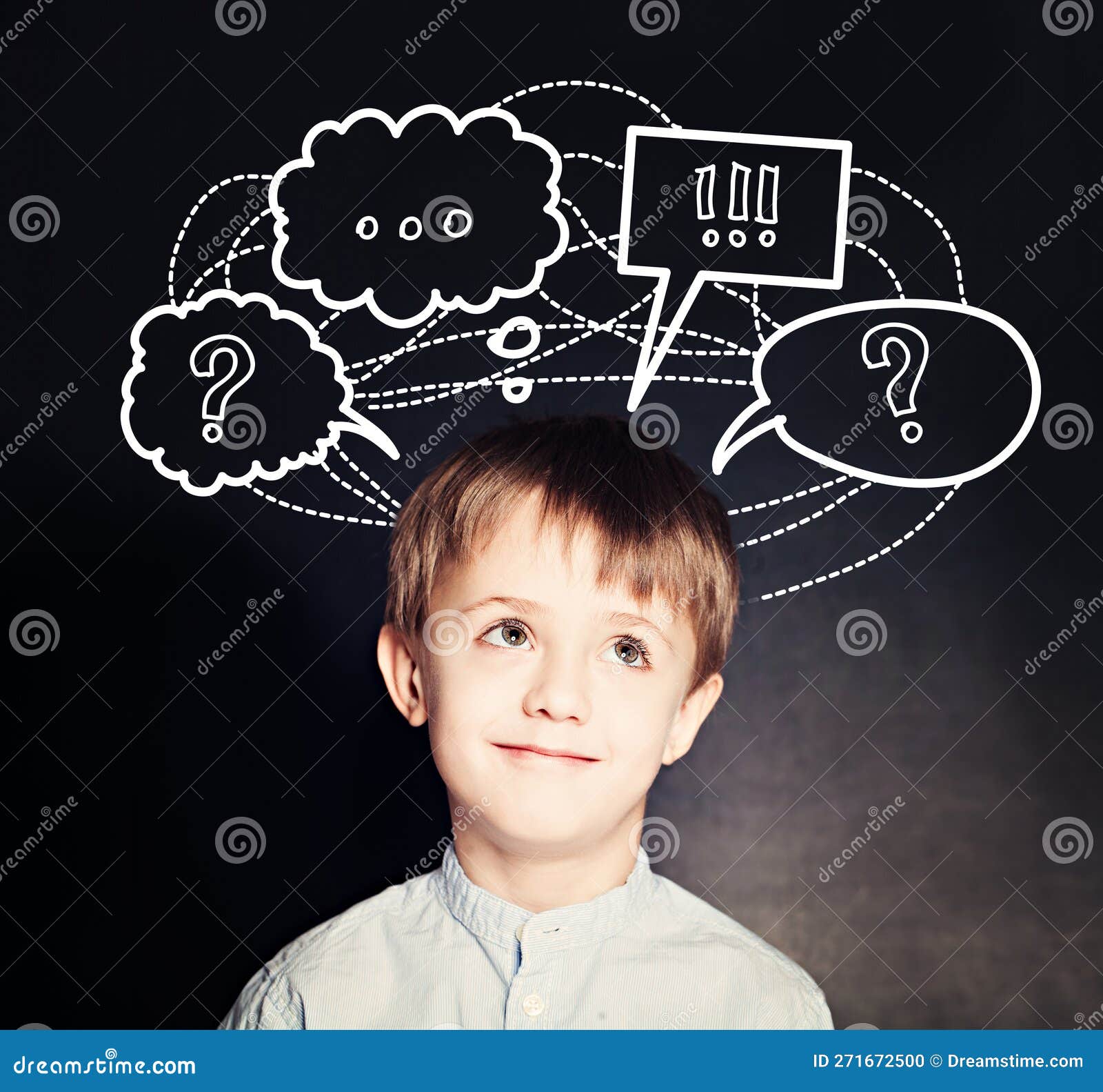 Cute Child School Boy on Blackboard Background with Question Marks ...