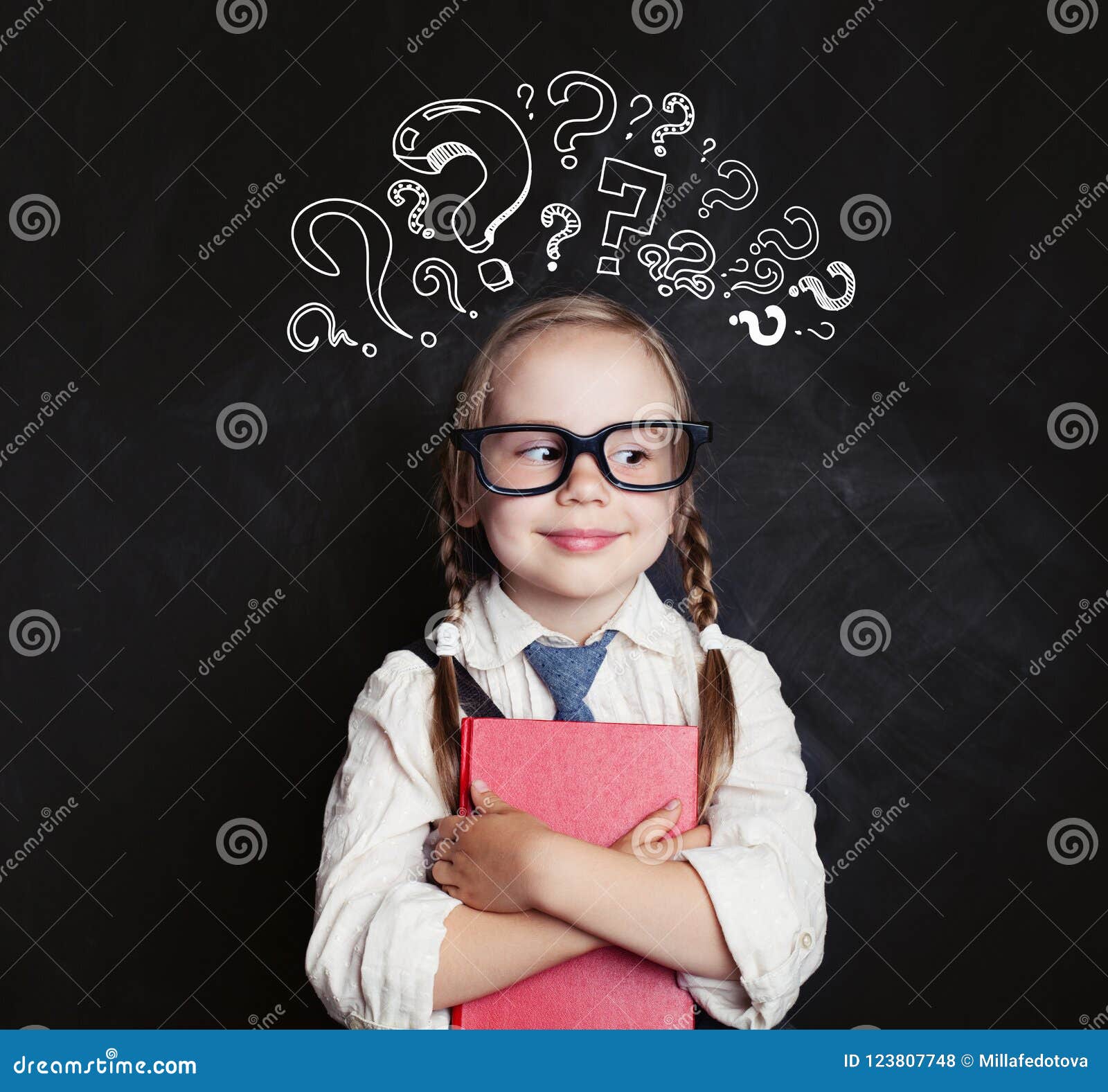 Cute Child Schoolgirl with Question Marks Stock Photo - Image of ...