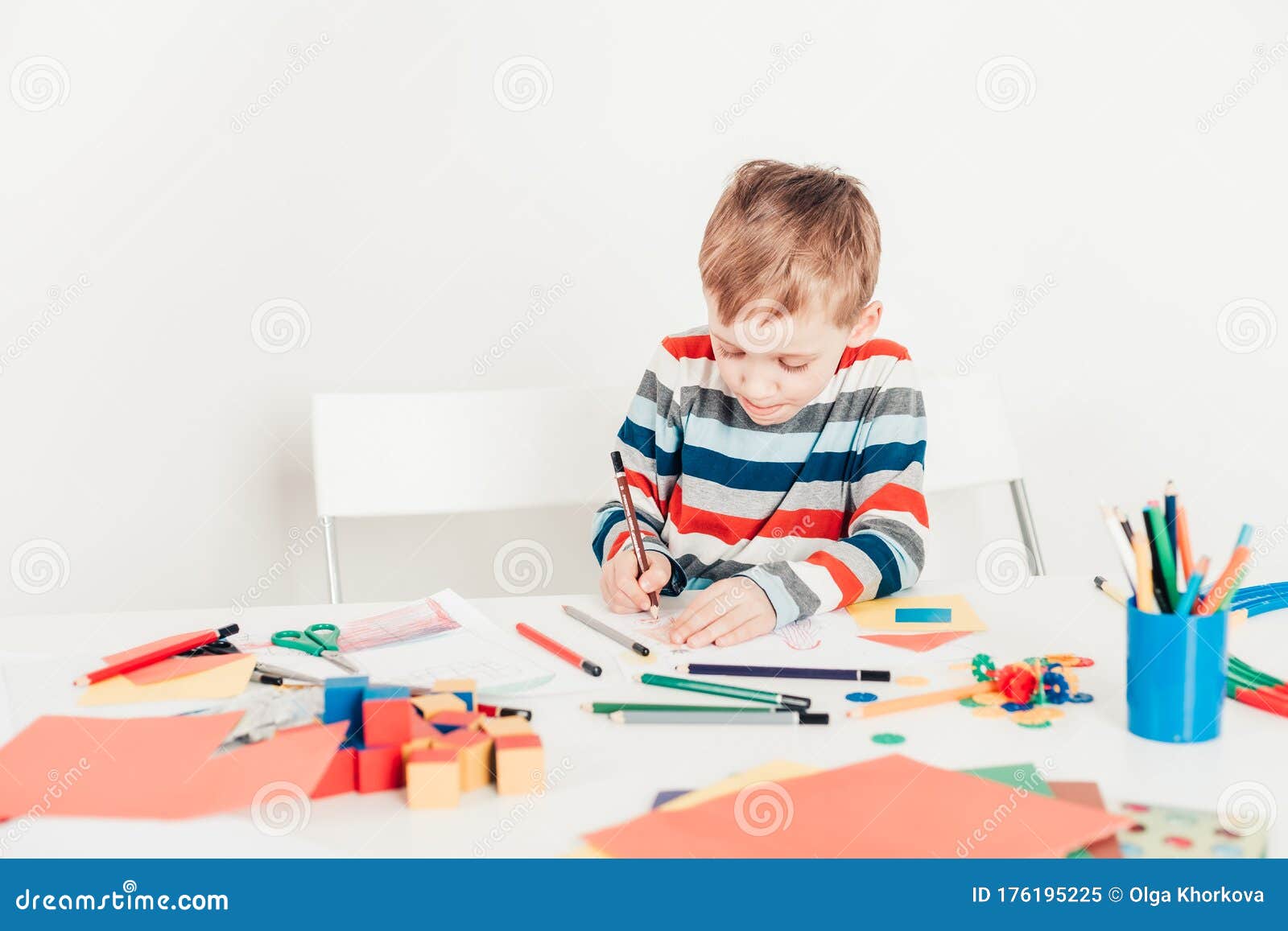 Cute Child Study Drawing at the Table Stock Image - Image of homework ...