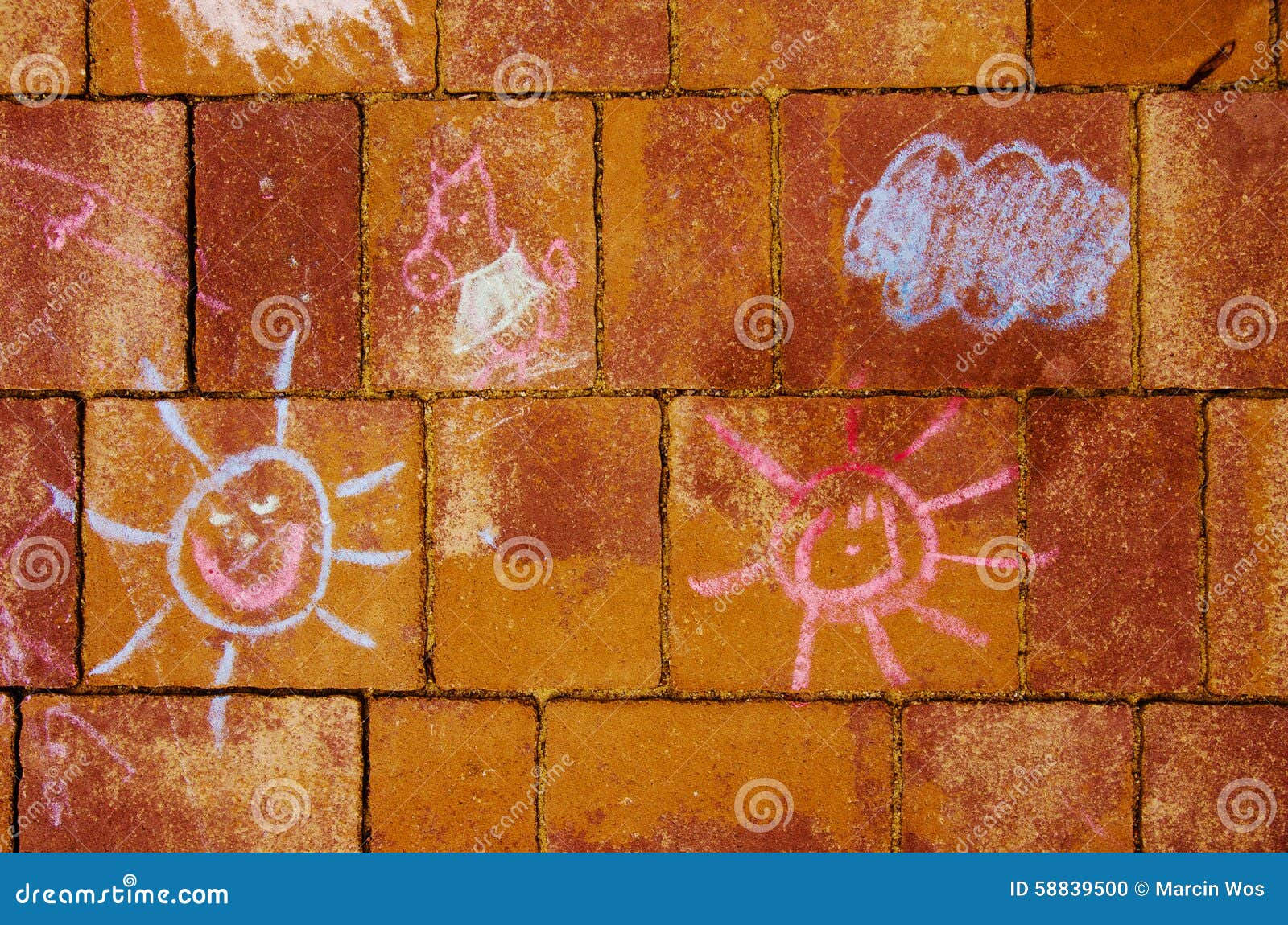 Cute Childish Drawing by Chalk on Red Brick Wall. Sun and Clouds. Stock ...