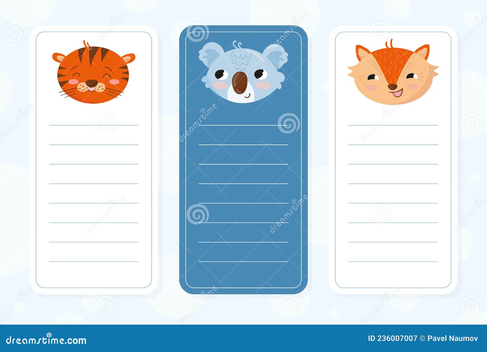 Cute Childish Lined Note Sheet with Cute Animals Set. Notebook, Notepad ...