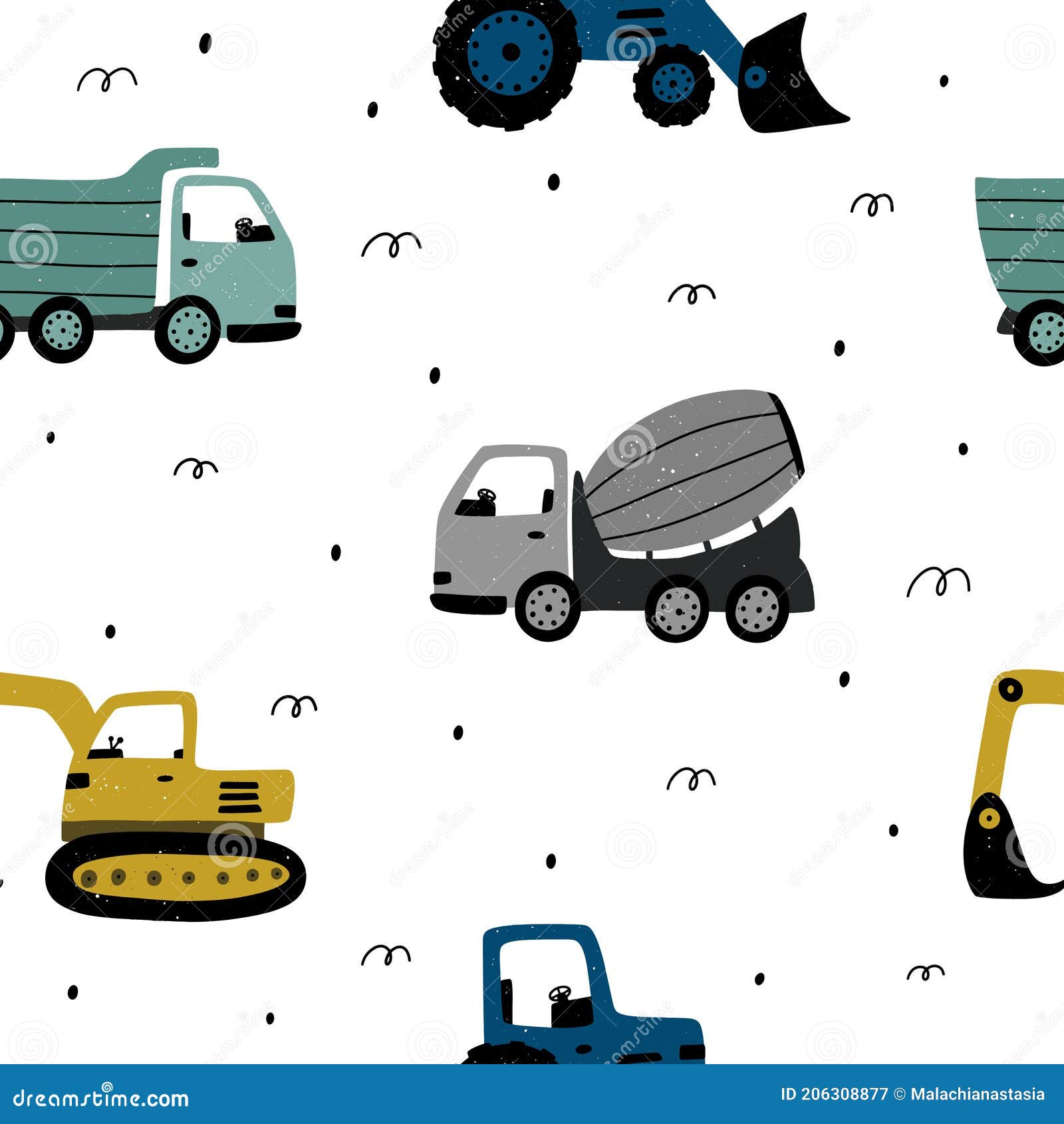 Cute Childish Seamless Pattern with Construction Machines and Abstract ...
