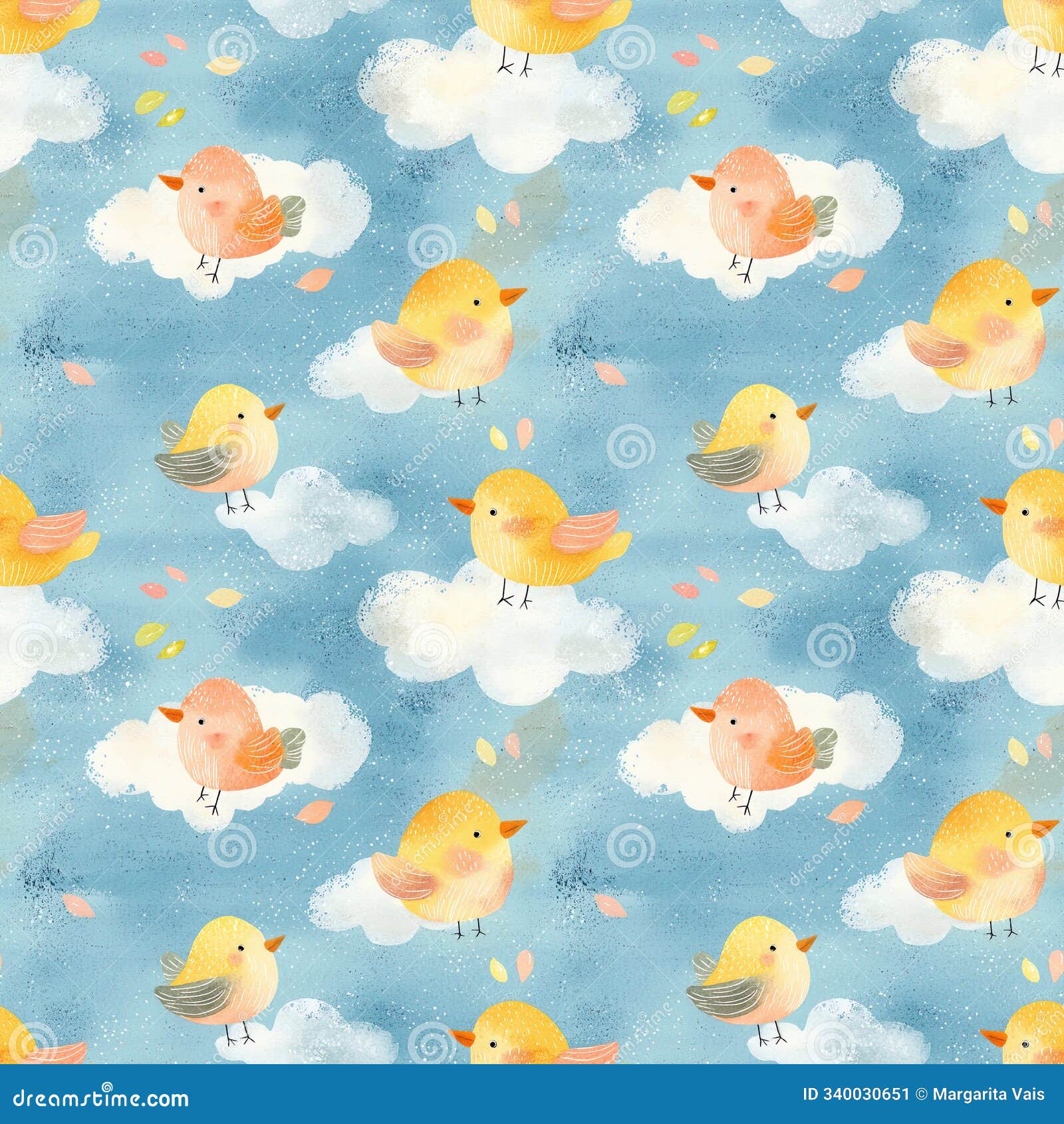 Cute Childish Seamless Pattern of Naive Style Yellow Bird and Cloud on ...
