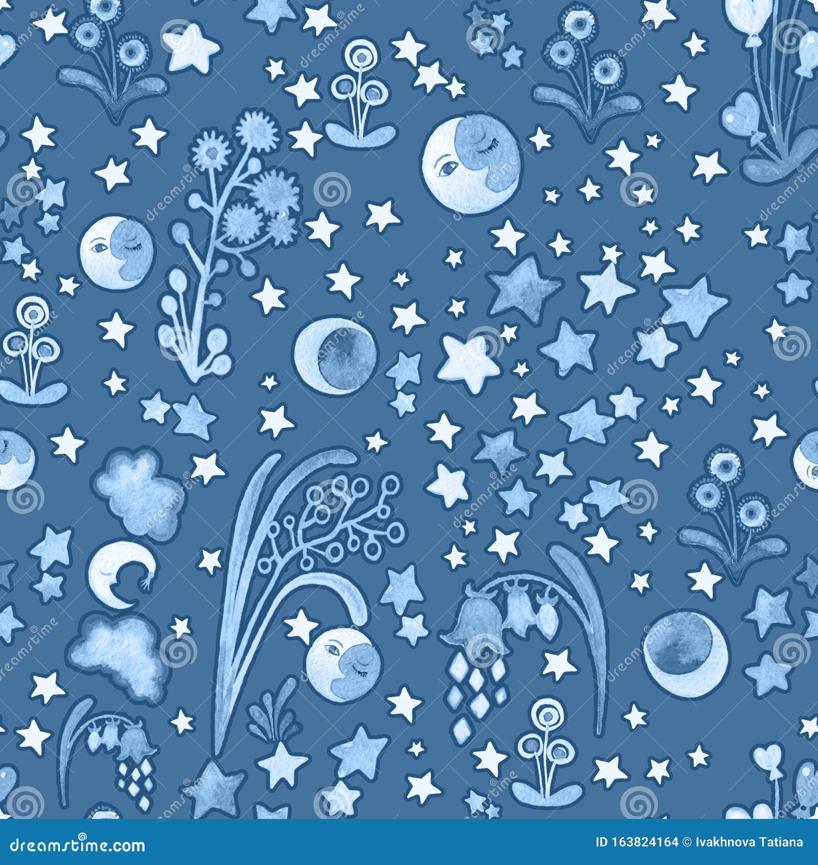 Cute Childish Seamless Pattern with Stars, Flowers, Clouds, Moon ...