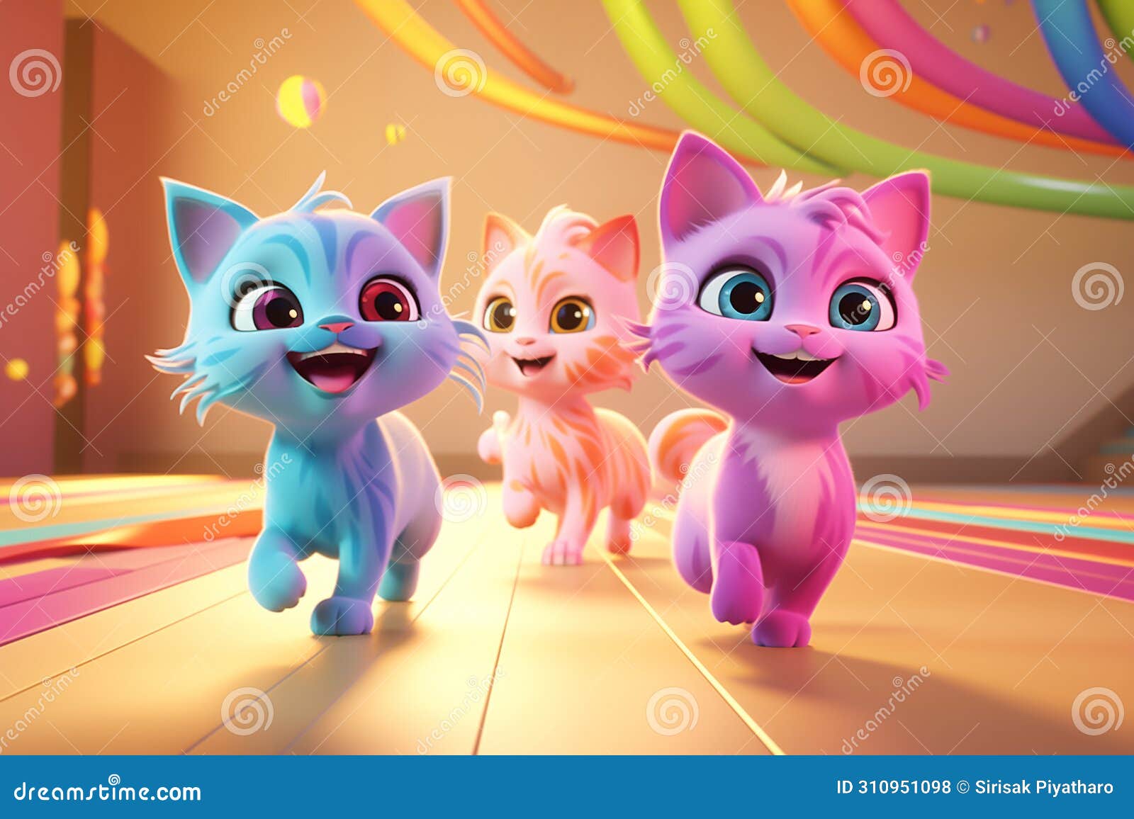 Cute and Childlike 3D Animation of Three Cats Stock Illustration ...