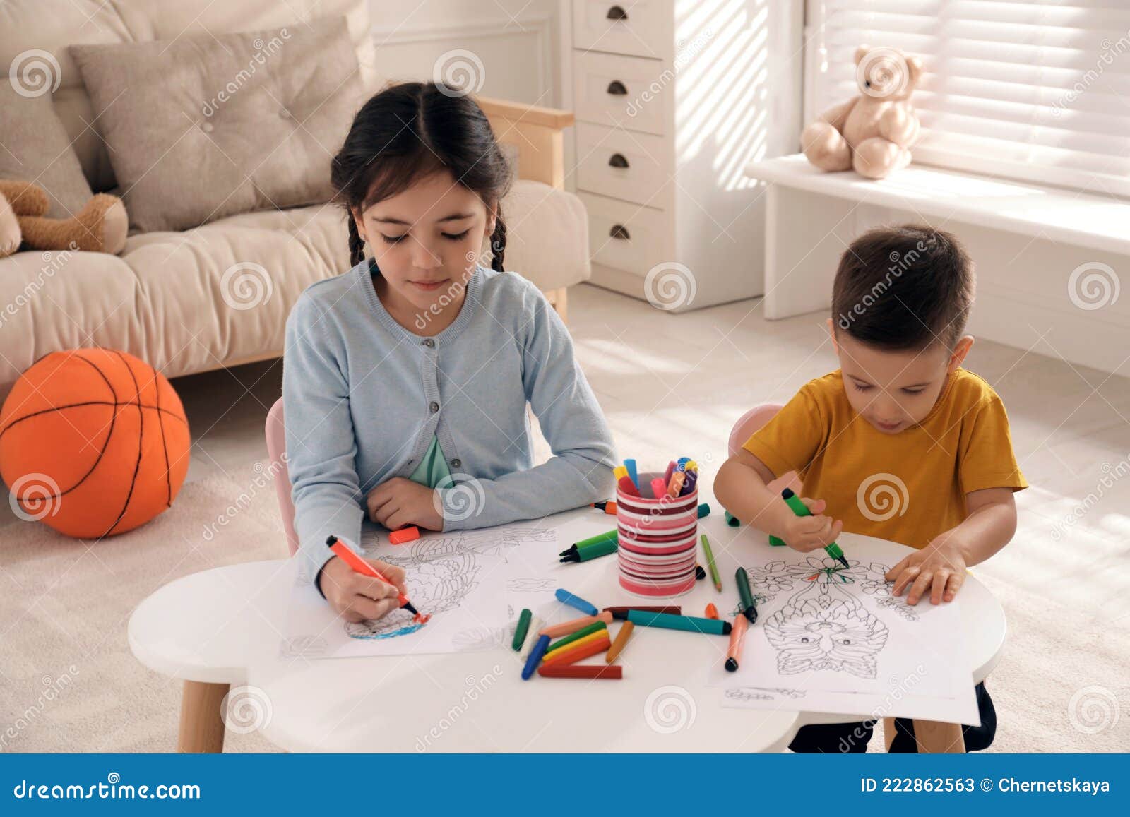 Cute Children Coloring Drawings at Table Stock Image - Image of girl ...