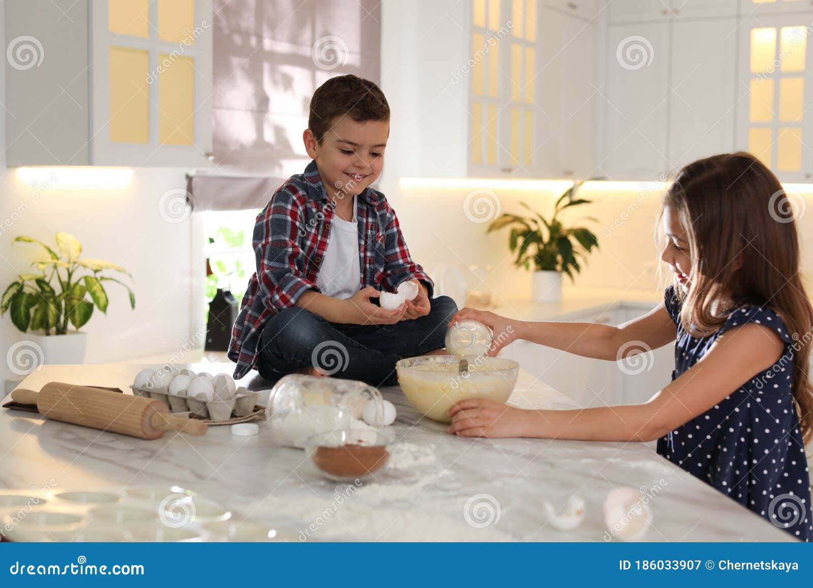 Cute Children Cooking Dough in Kitchen at Home Stock Image - Image of ...