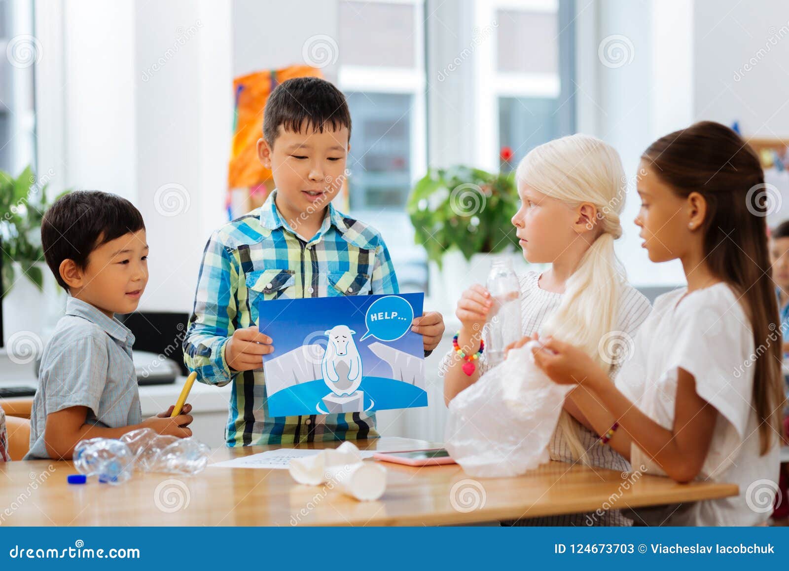 Cute Children Discussing Ecological Problems at School Stock Image ...