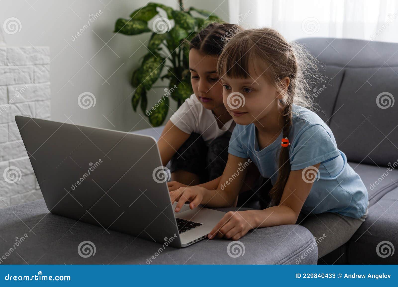 Cute Children Doing Homework with Laptop. Stock Image - Image of ...