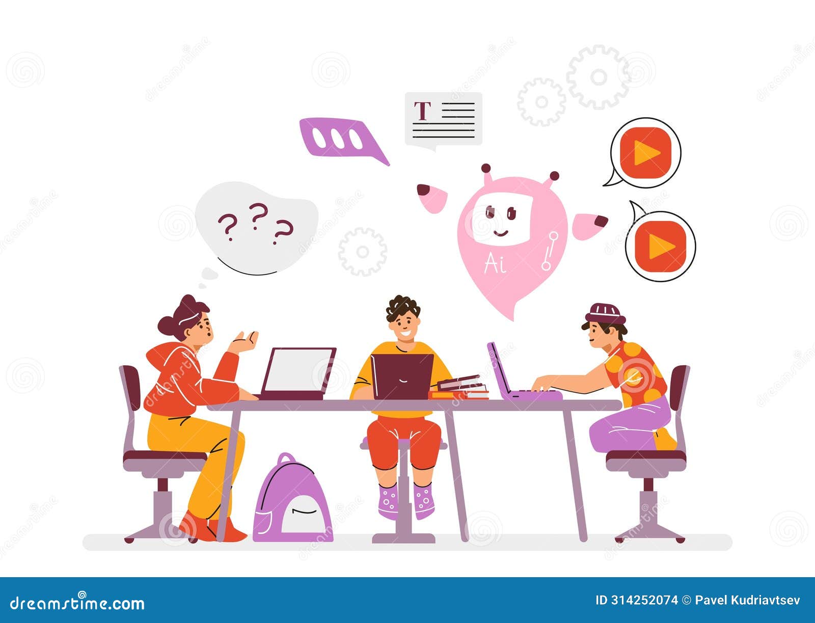 Cute Children Doing Homework with Pink Assistant Robot Character Stock ...
