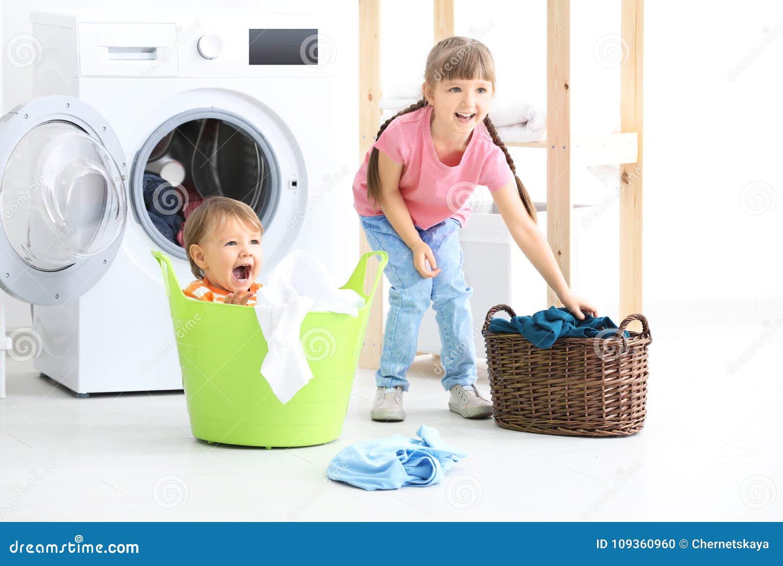 Cute Children Doing Laundry Stock Photo - Image of child, household ...