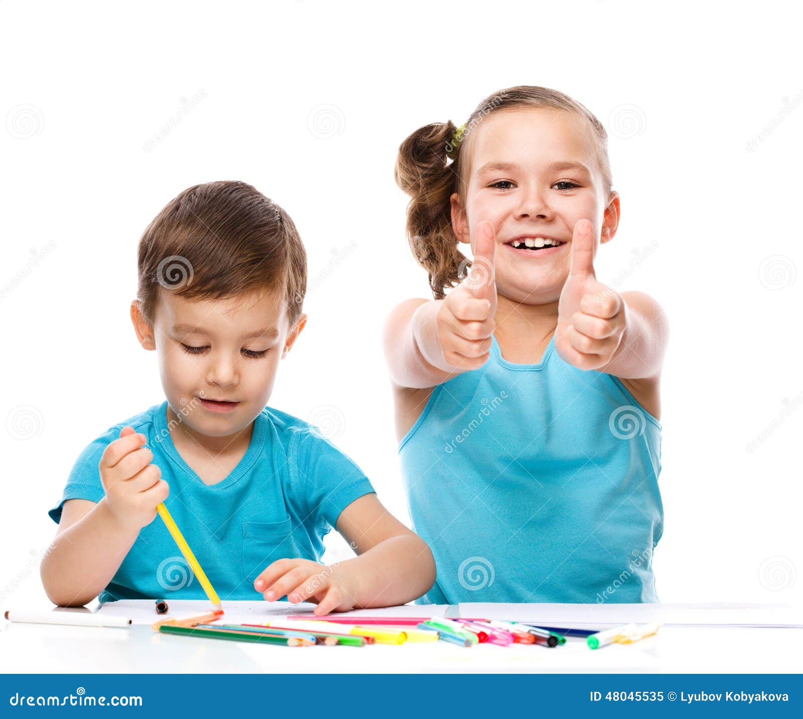 Cute Children is Drawing on White Paper Stock Image - Image of lesson ...