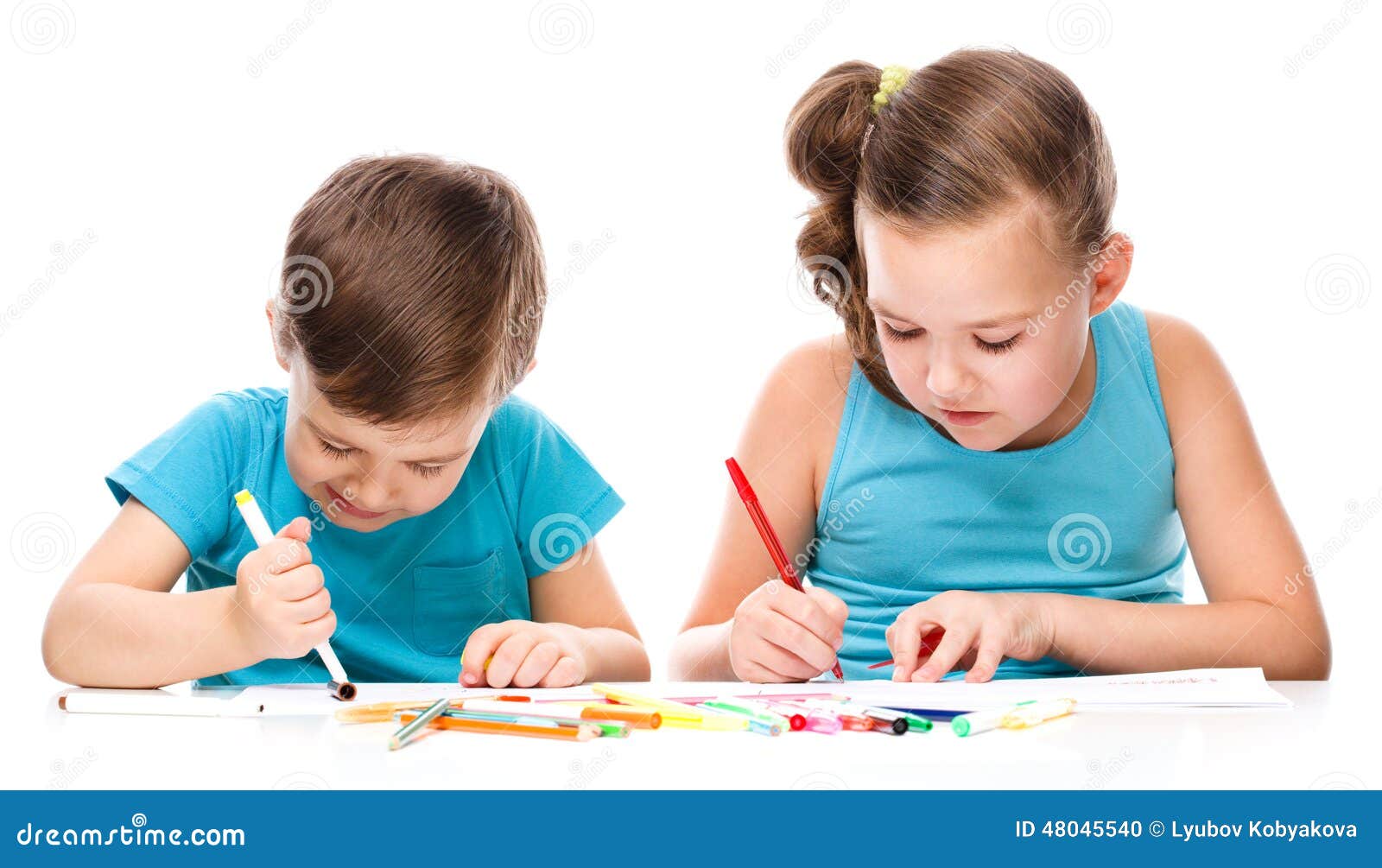 Cute Children is Drawing on White Paper Stock Photo - Image of ...