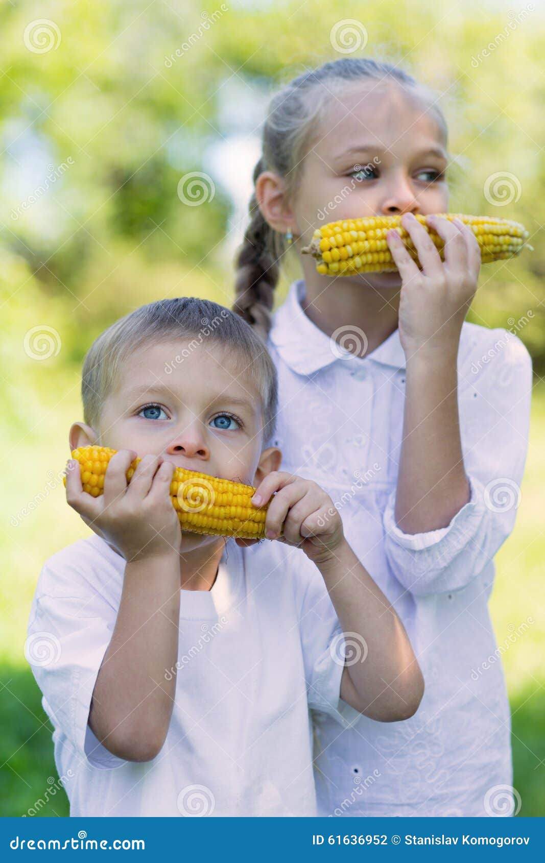 Cute Children Eating Corn Outdoors Stock Photography | CartoonDealer ...