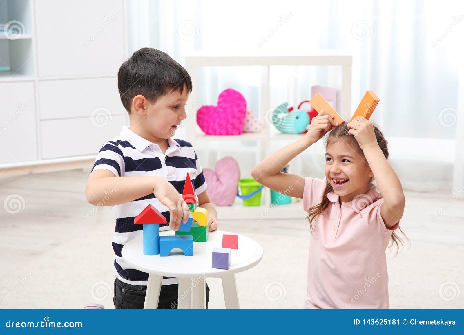 Cute Children Playing with Colorful Blocks Stock Image - Image of ...