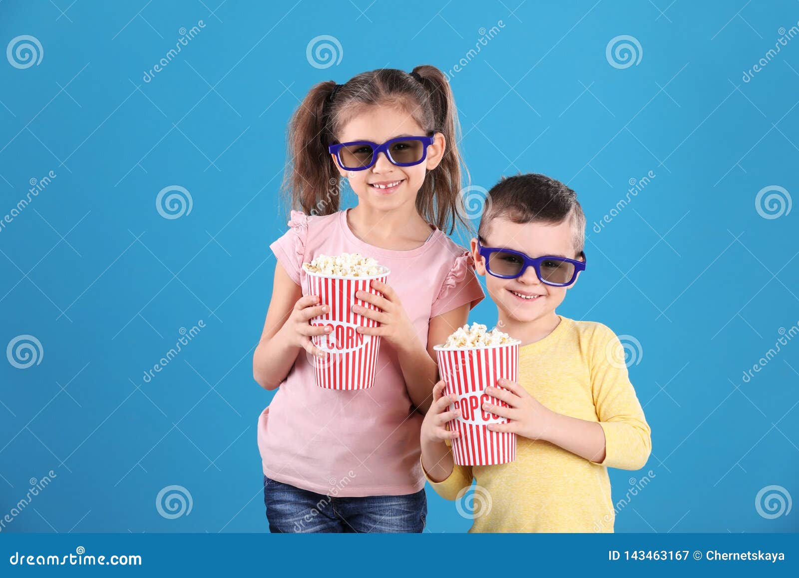 Cute Children With Popcorn And Glasses On Background Royalty-Free Stock ...