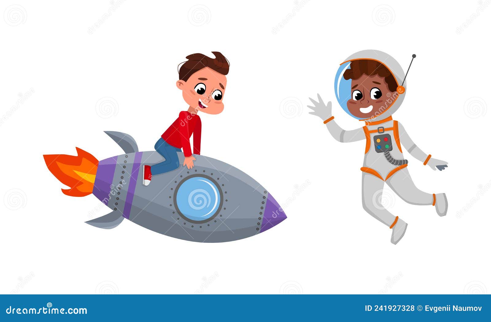 Cute Children Riding Rocket and Floating in Outer Space Cartoon Vector ...