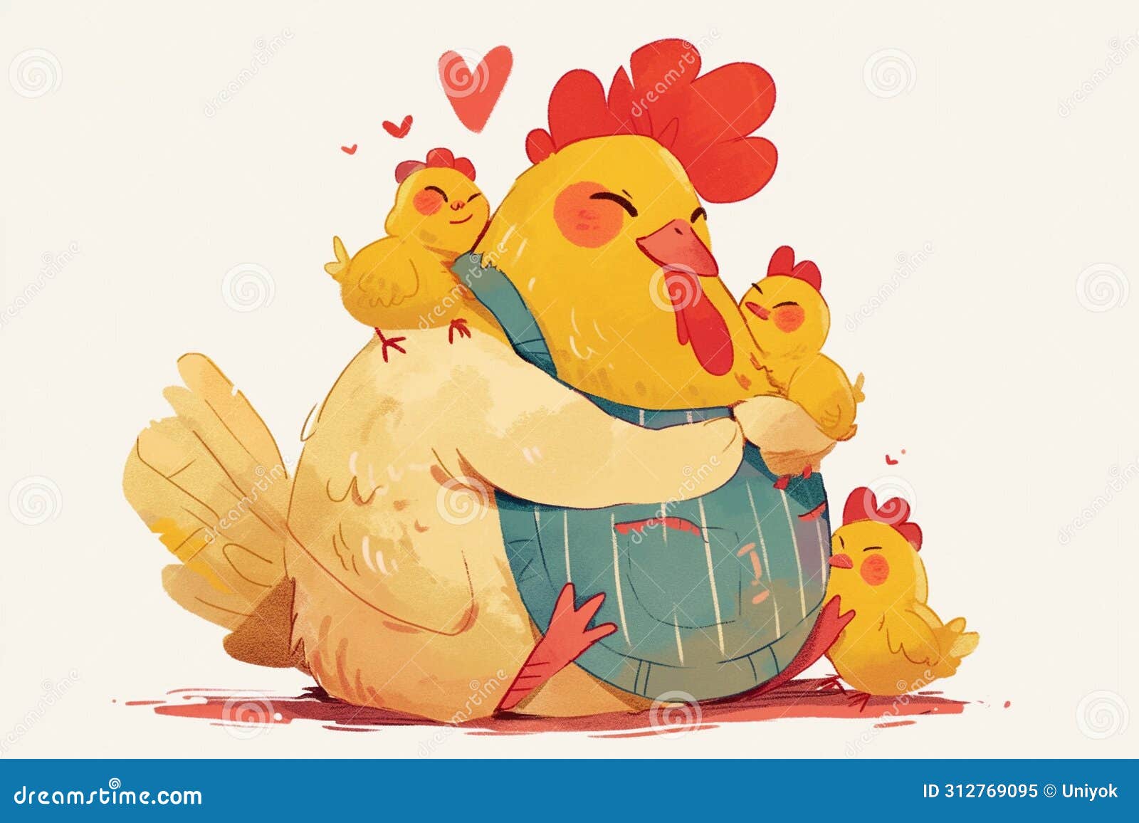 Cute Children S Illustration of a Hen in an Apron Hugging Her Chicks ...