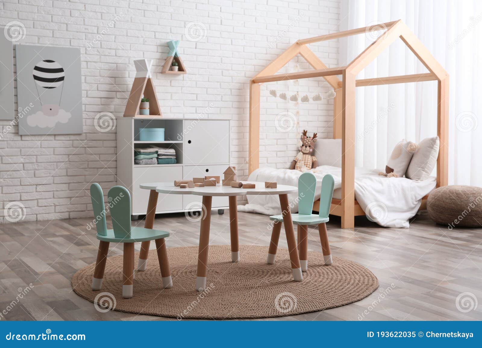 Cute Children`s Room with Bed and Little Table Stock Image - Image of ...