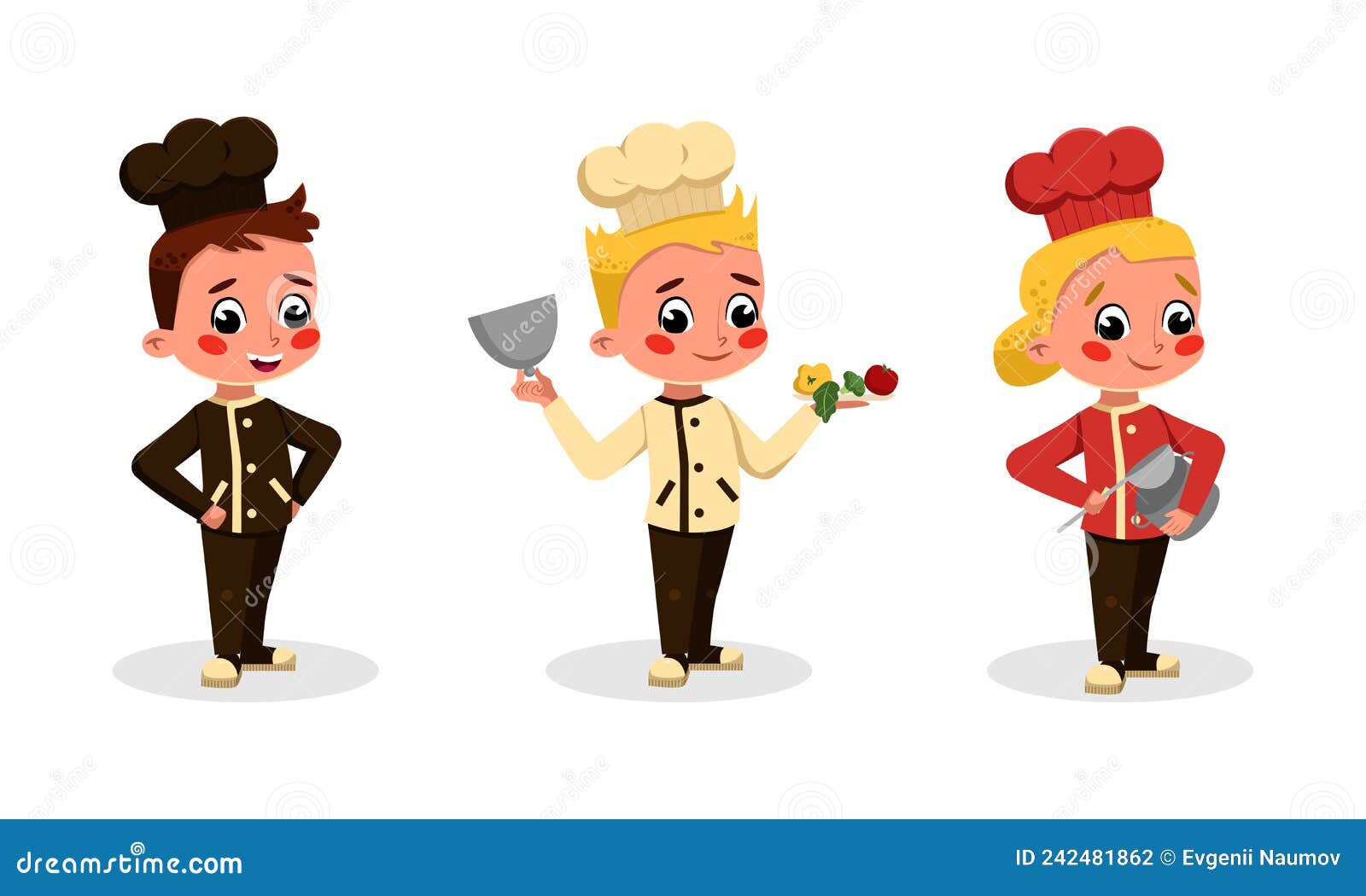 Cute Children in Uniform with Kitchen Tools Set Cartoon Vector ...
