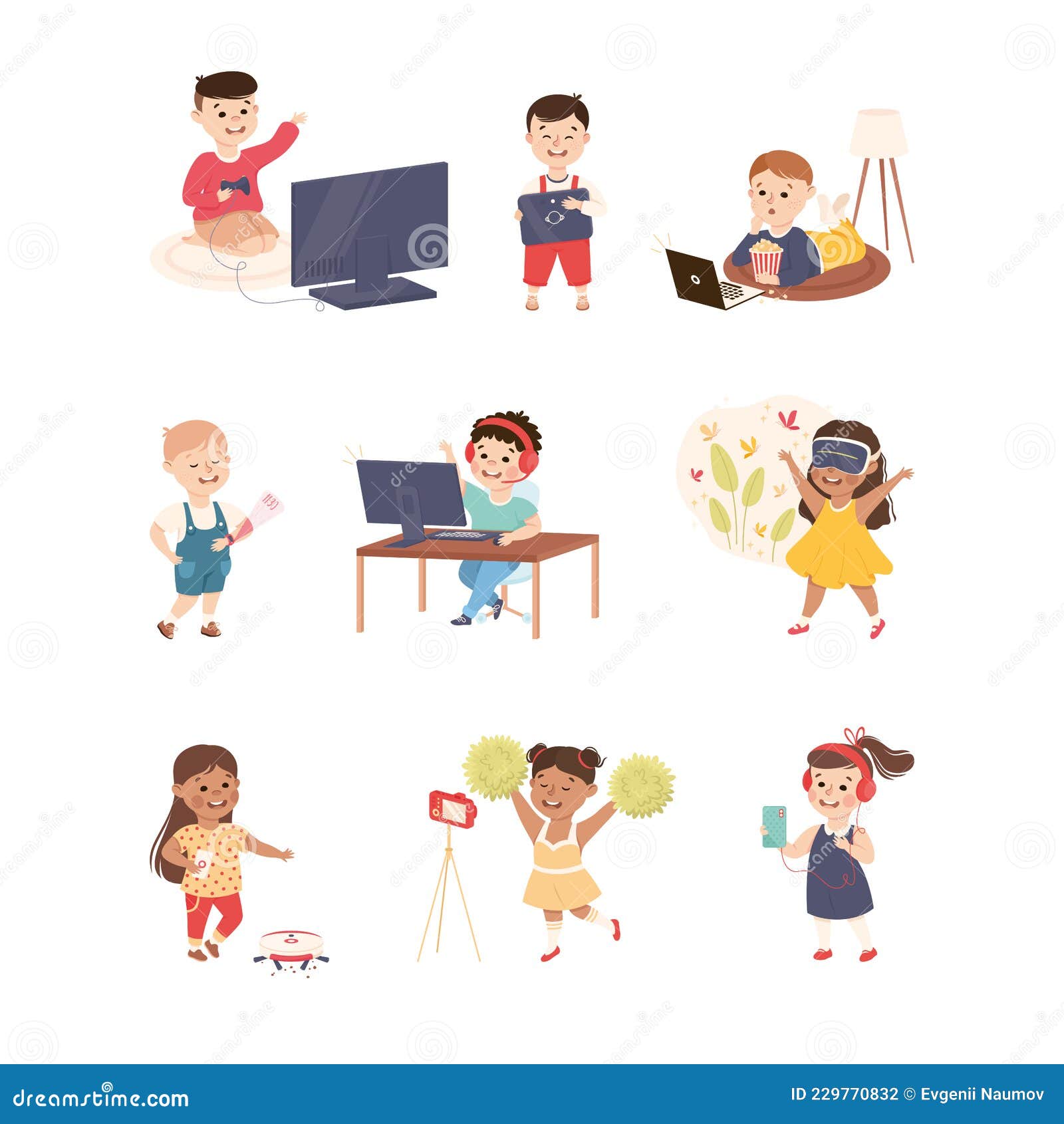 Cute Children Using Gadgets Like Smartphone and Computer Vector Set ...