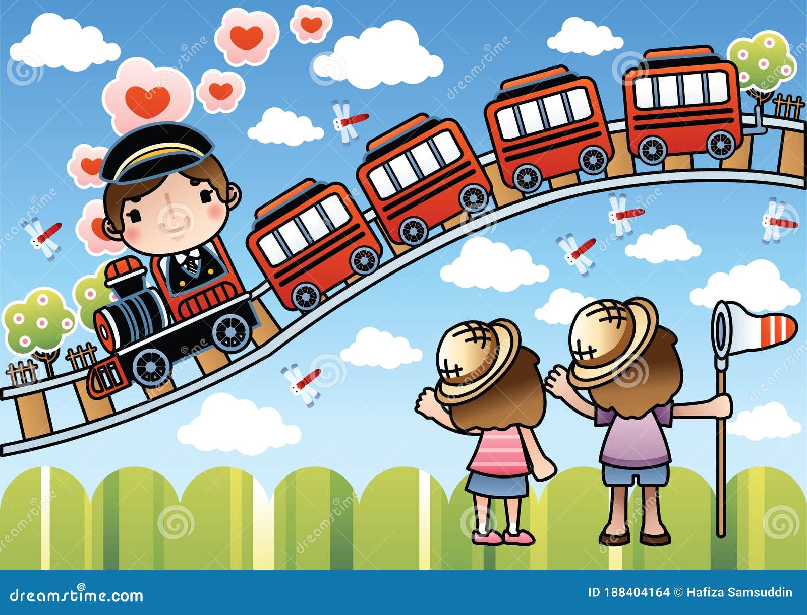 Cute Children Waving at Train on Tracks. Vector Illustration Decorative ...