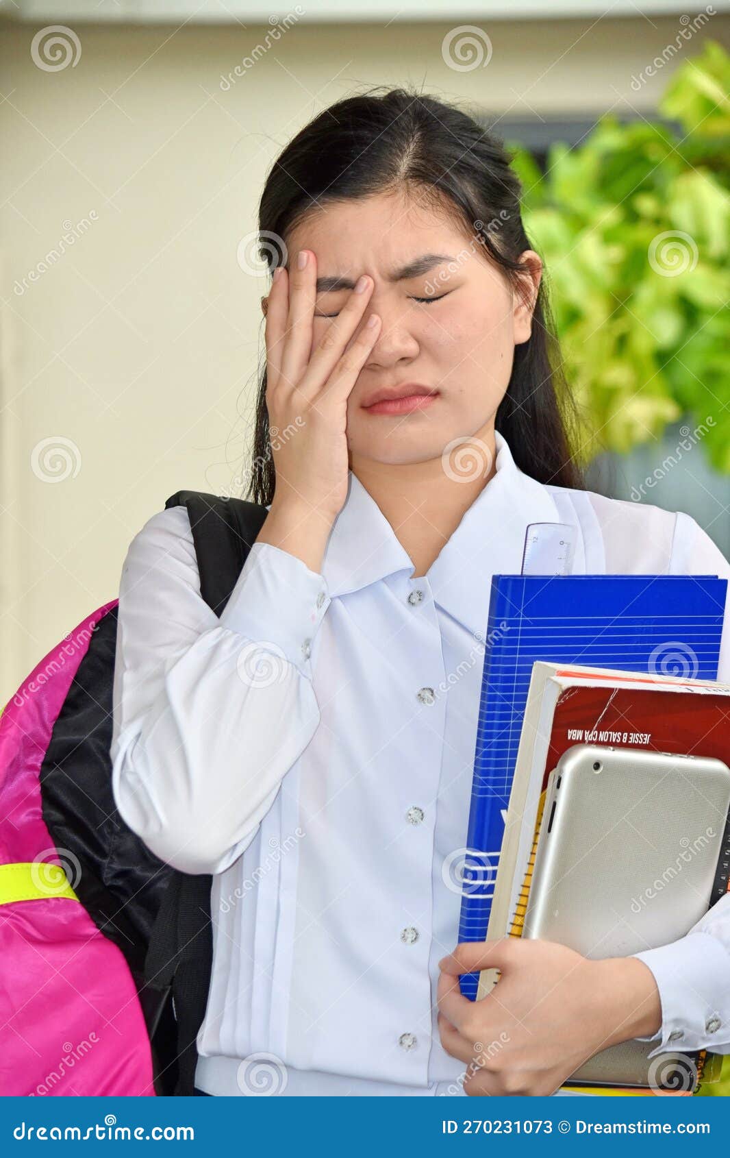 Cute Chinese Girl Student Under Stress with Notebooks Stock Image ...