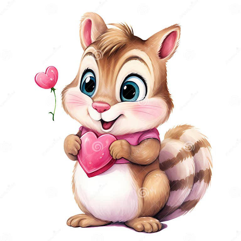 Cute Chipmunk Valentine Pink Watercolor Clipart Illustration Ai Generative Stock Illustration