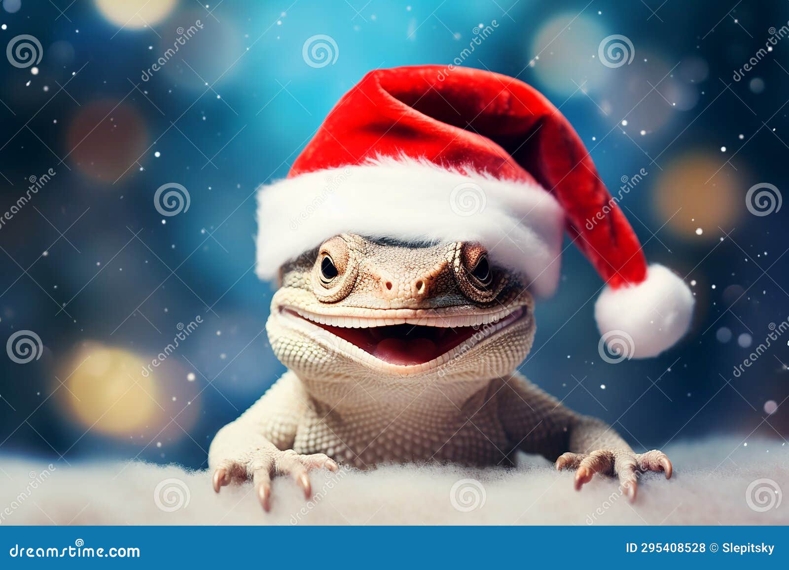 Cute Christmas Funny Lizard in Santa Red Hat Stock Photo - Image of ...