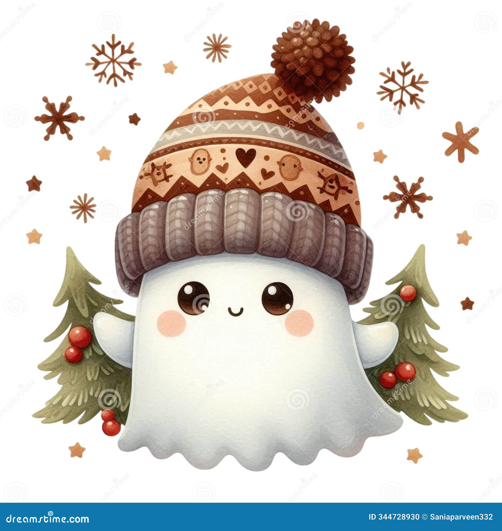 Cute Christmas Ghost with Trees. Holiday Ghost Stock Illustration ...