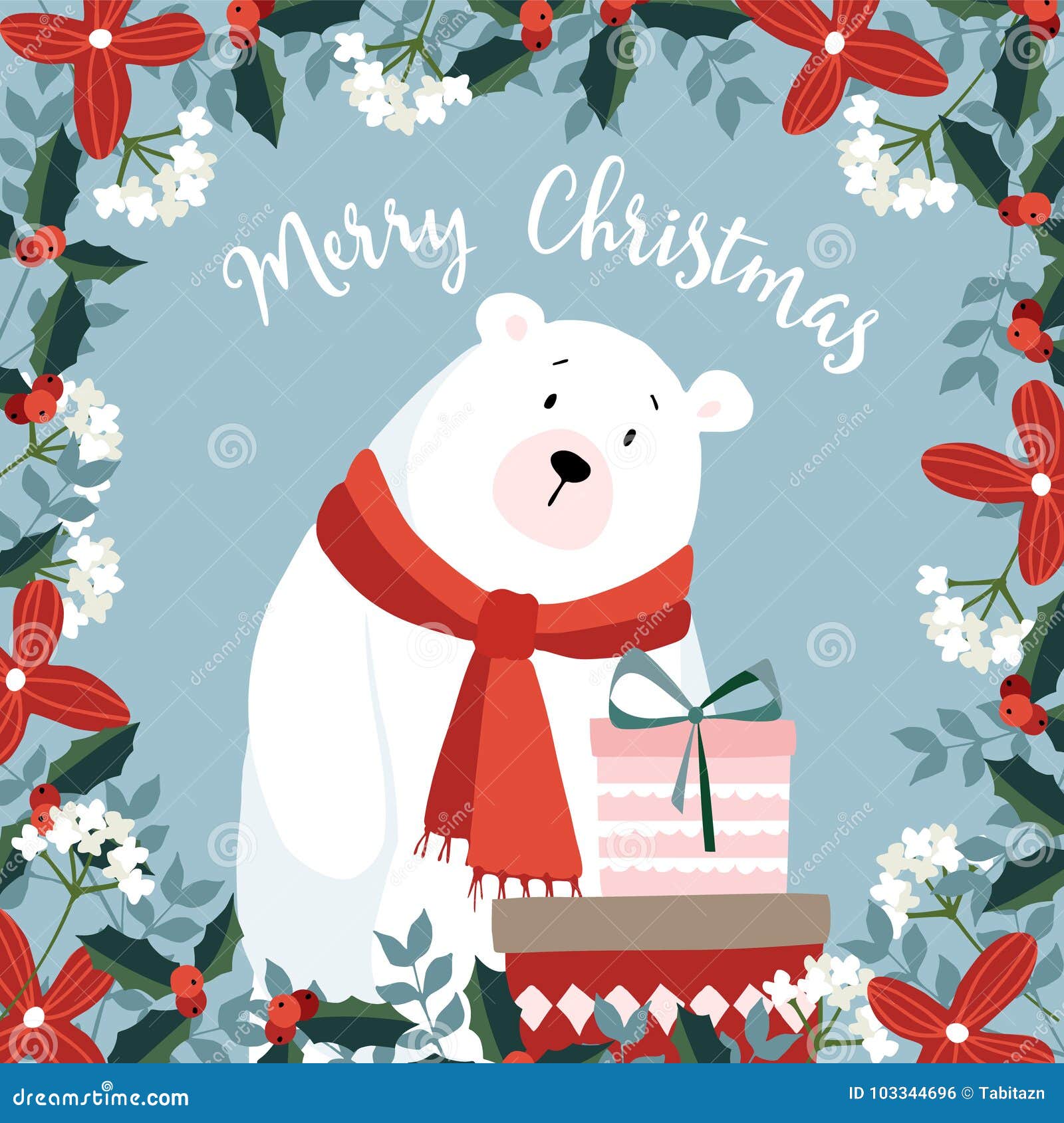 Cute Christmas Greeting Card Invitation With Hand Drawn Polar Bear