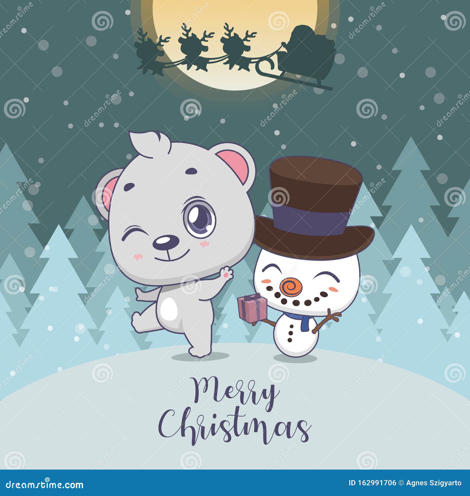 Cute Christmas Greeting With A Polar Bear And Snowman Stock Vector