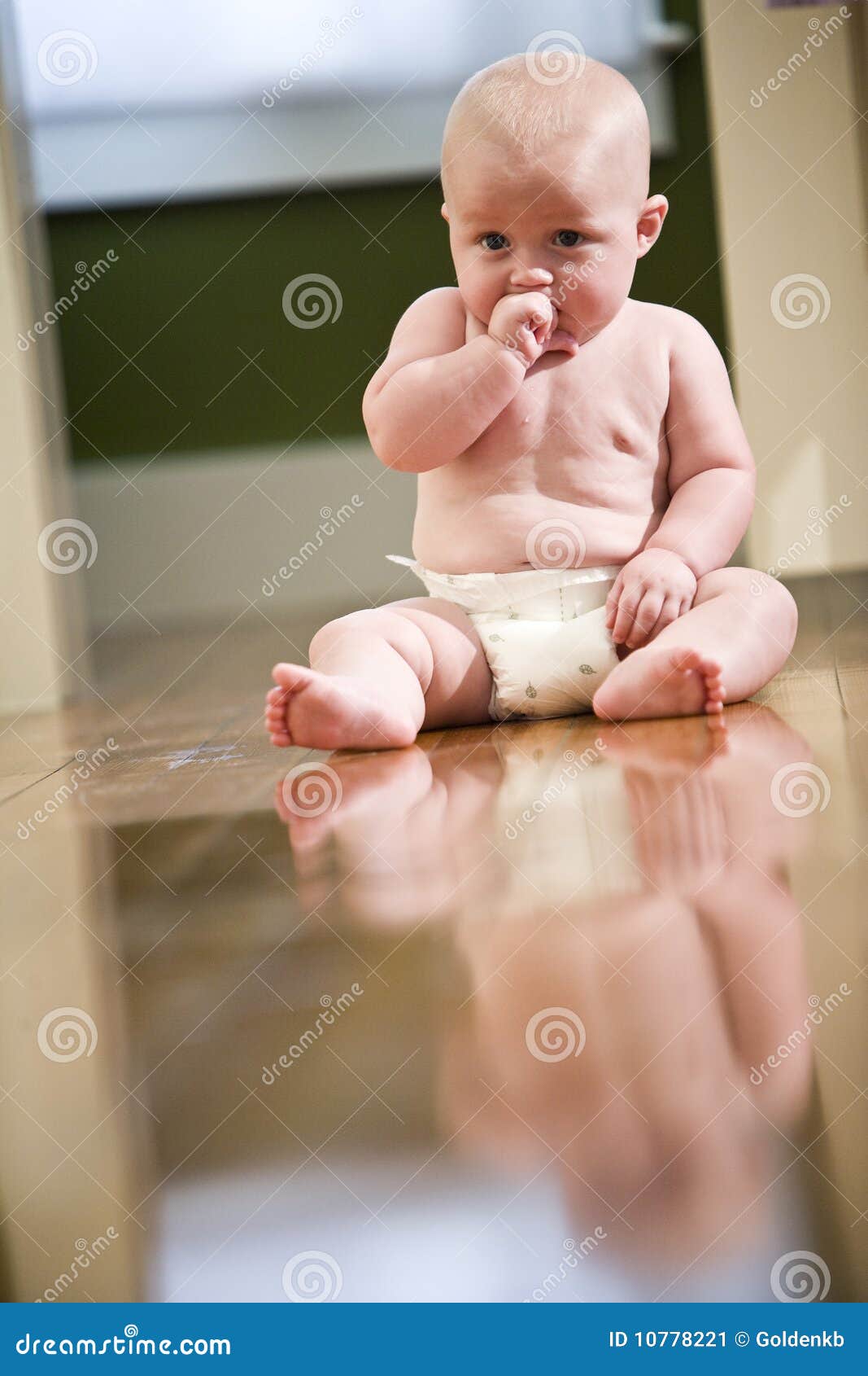 Cute Chubby Baby Wearing Diaper Sitting on Floor Stock Image - Image of ...