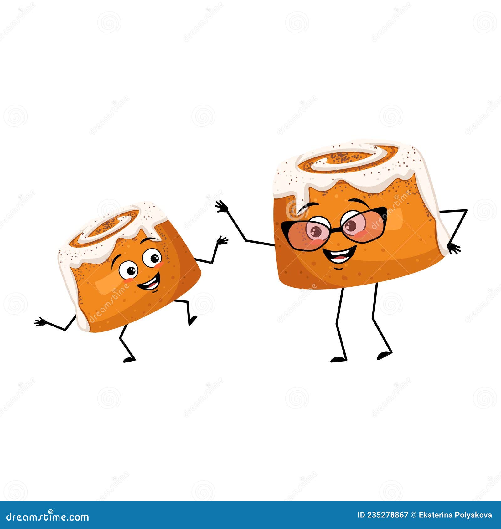 Cute Cinnamon Pastry Bun Character With Happy Emotions Stock Vector
