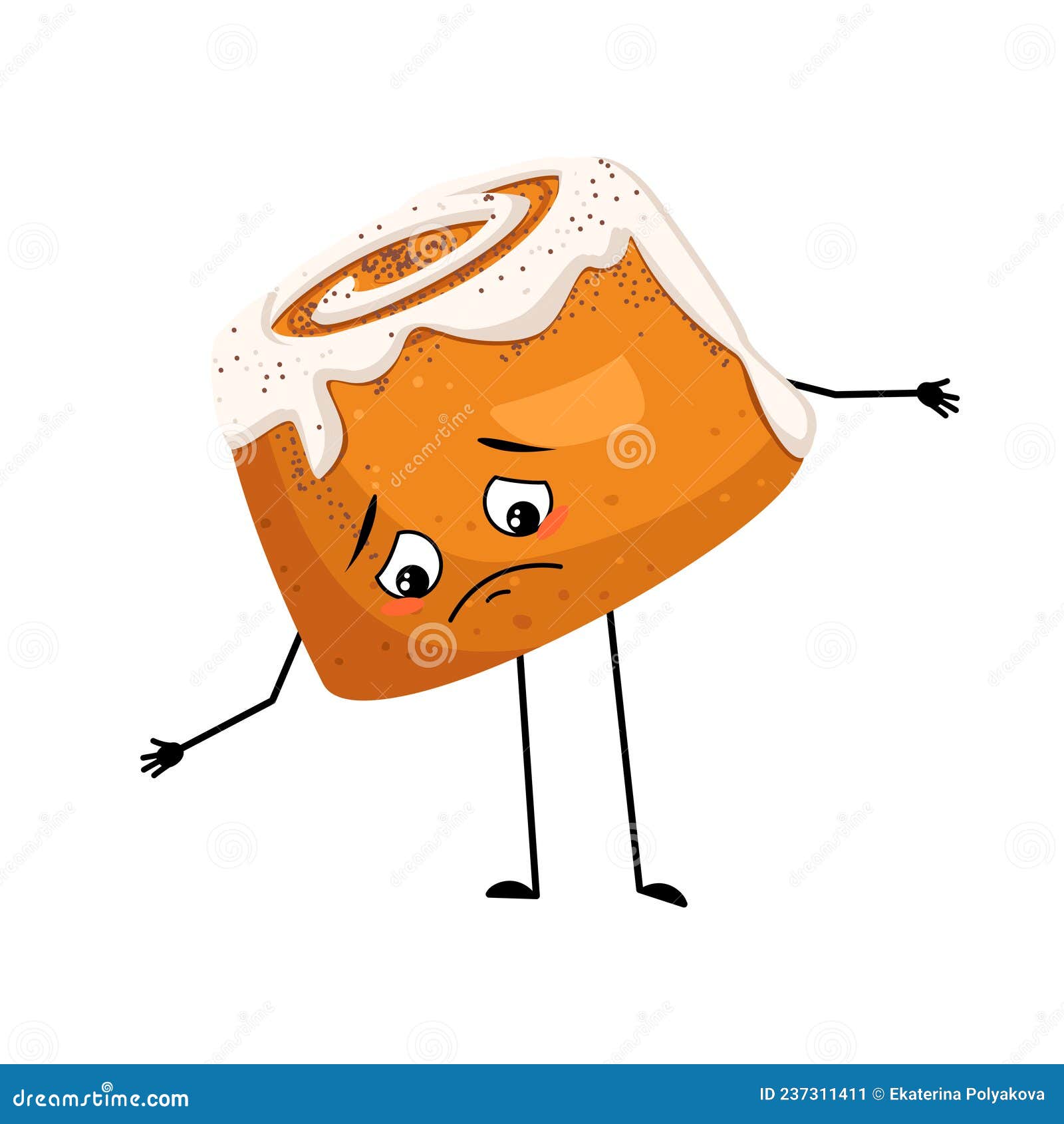 Cute Cinnamon Pastry Bun Character With Sad Emotions Stock Vector