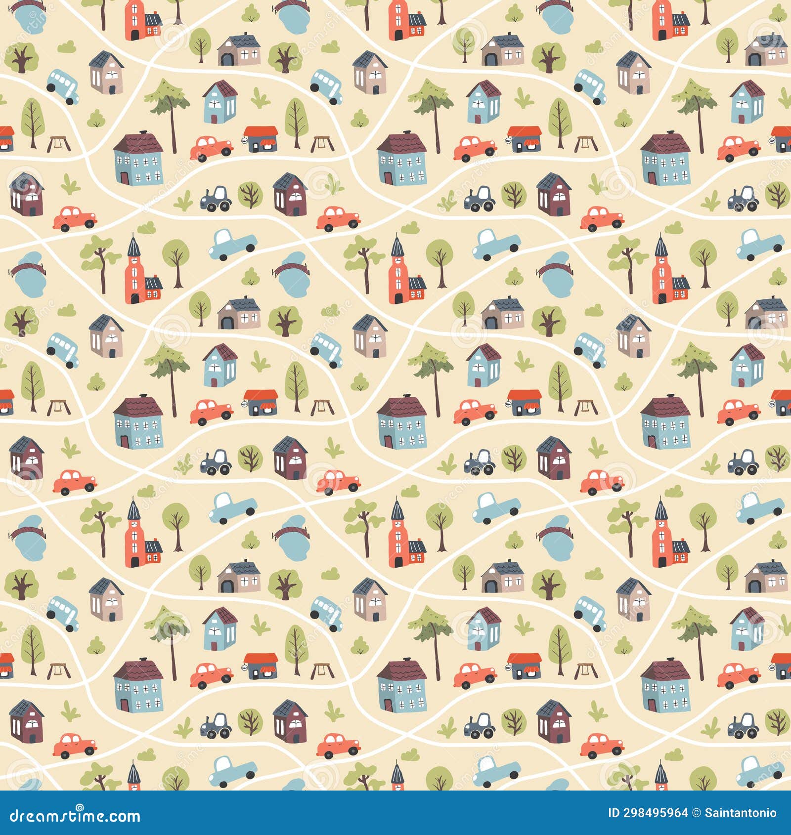 Cute City Map Seamless Pattern, Cartoon Town Landscape Background ...