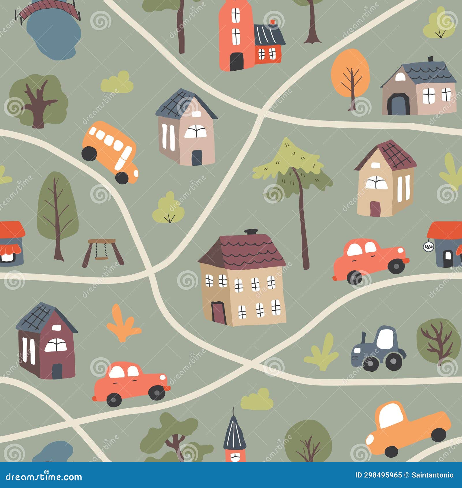 Cute City Map Seamless Pattern, Cartoon Town Landscape Background ...