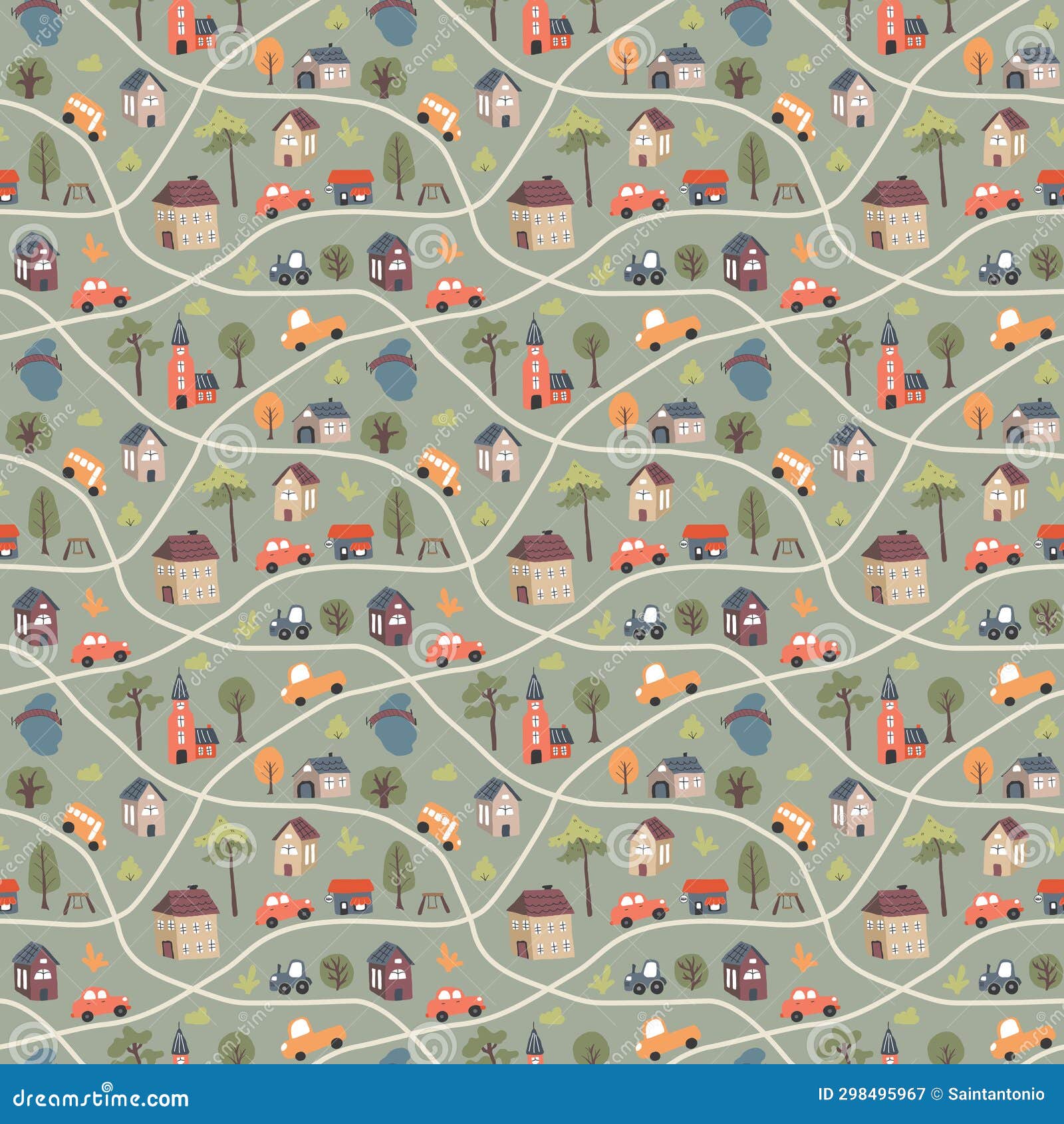 Cute City Map Seamless Pattern, Cartoon Town Landscape Background ...