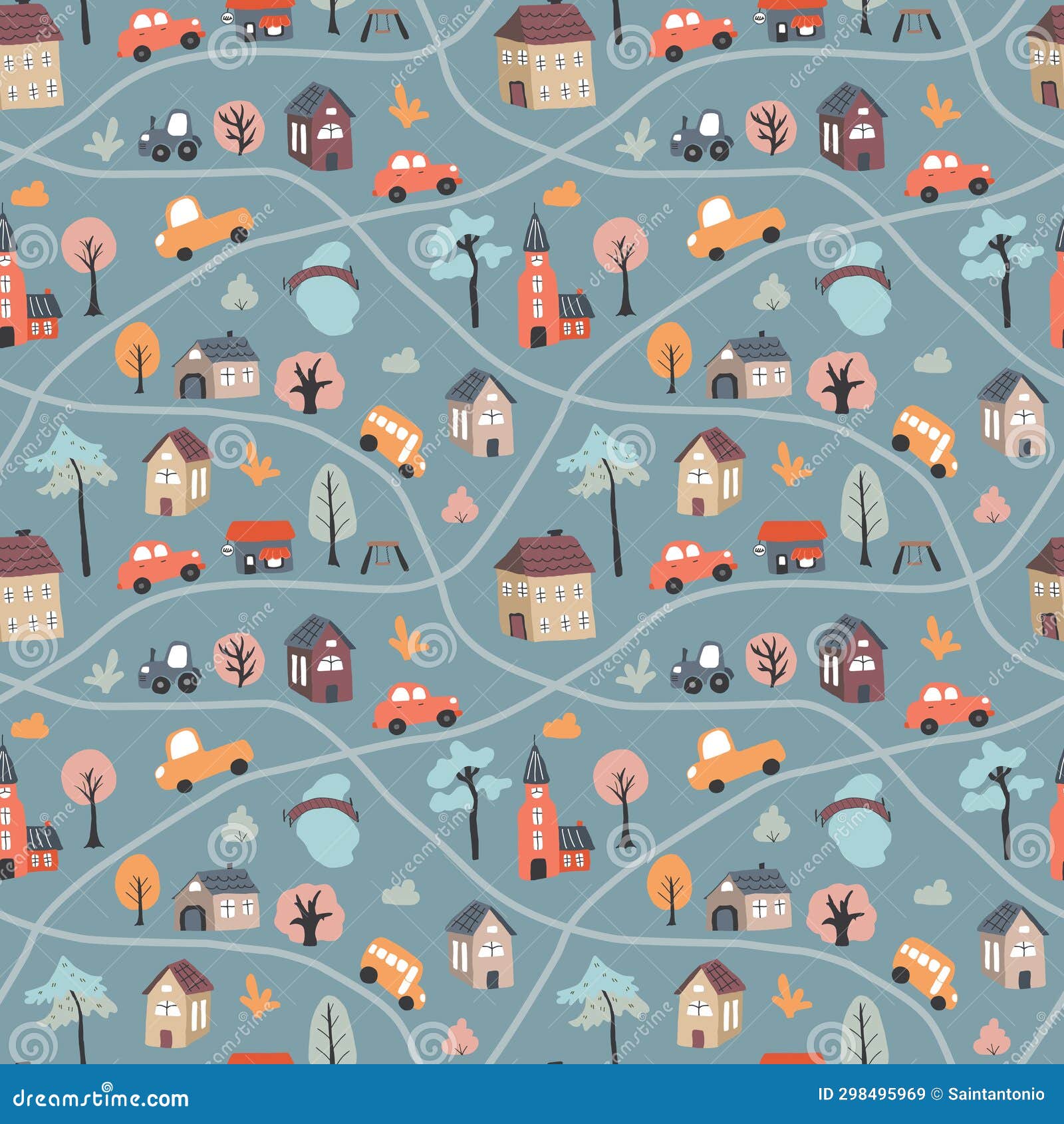Cute City Map Seamless Pattern, Cartoon Town Landscape Background ...