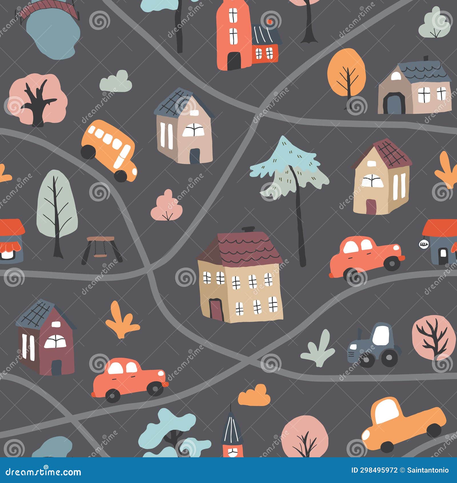 Cute City Map Seamless Pattern, Cartoon Town Landscape Background, Vector Illustration Stock ...