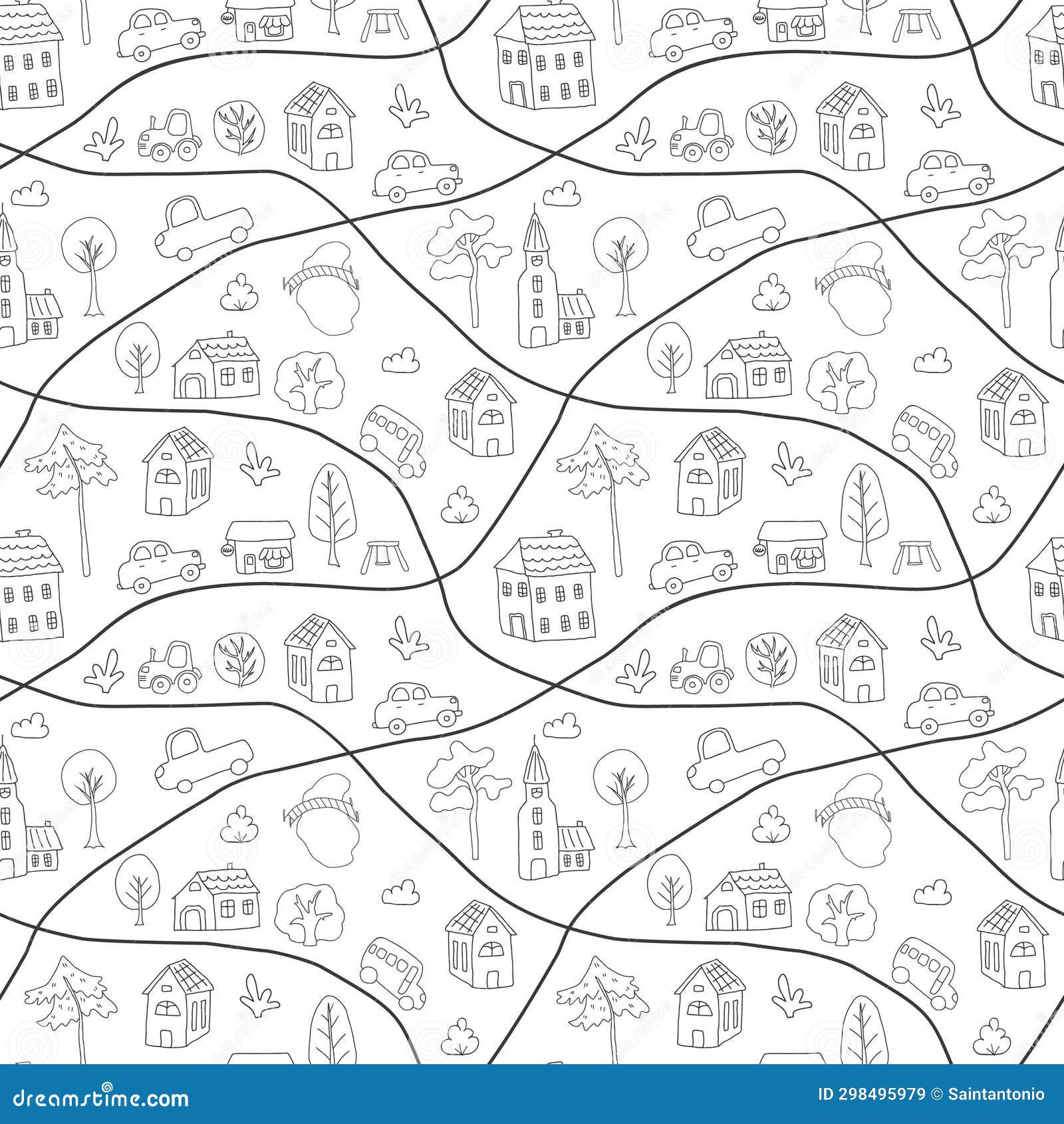 Cute City Map Seamless Pattern, Cartoon Town Landscape Background ...