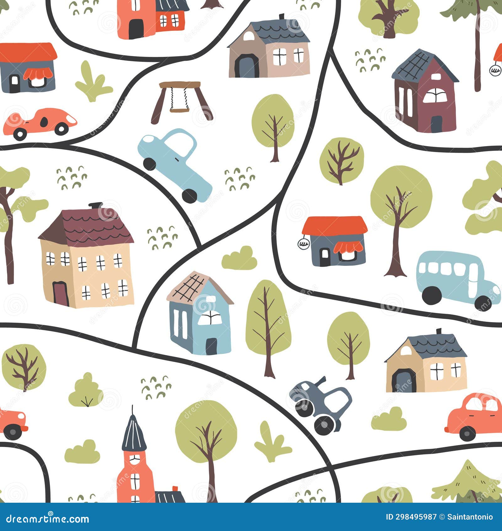 Cute City Map Seamless Pattern, Cartoon Town Landscape Background ...