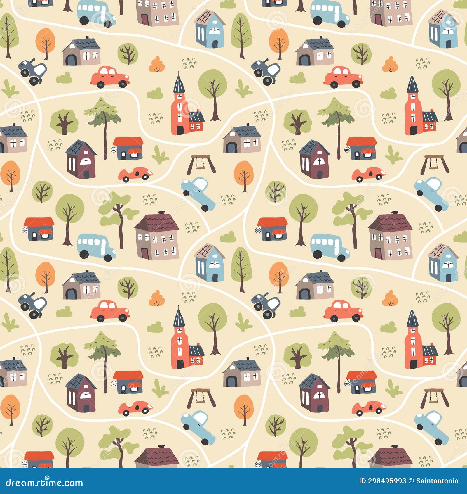 Cute City Map Seamless Pattern, Cartoon Town Landscape Background ...
